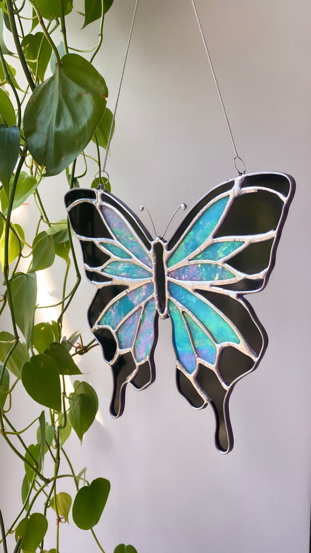 Butterfly Stained Glass Window Hanging Blue Swallowtail Colorful Home ...