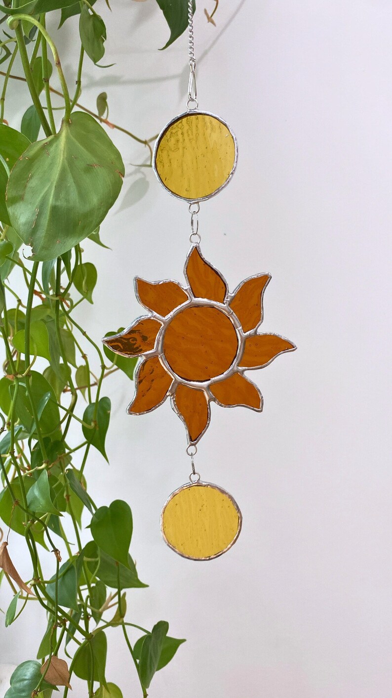 Boho Sun Stained Glass Suncatcher Amber Sunburst Window Hanging ...