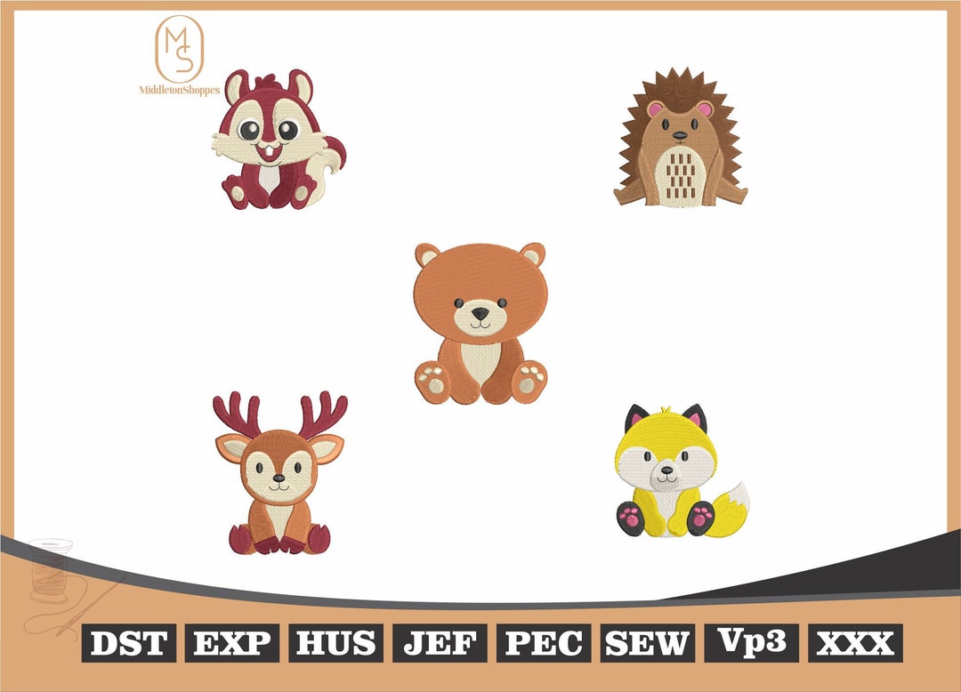 5 Mini Animals Embroidery, Mini Woodland Animals Embroidery Bundle ...
