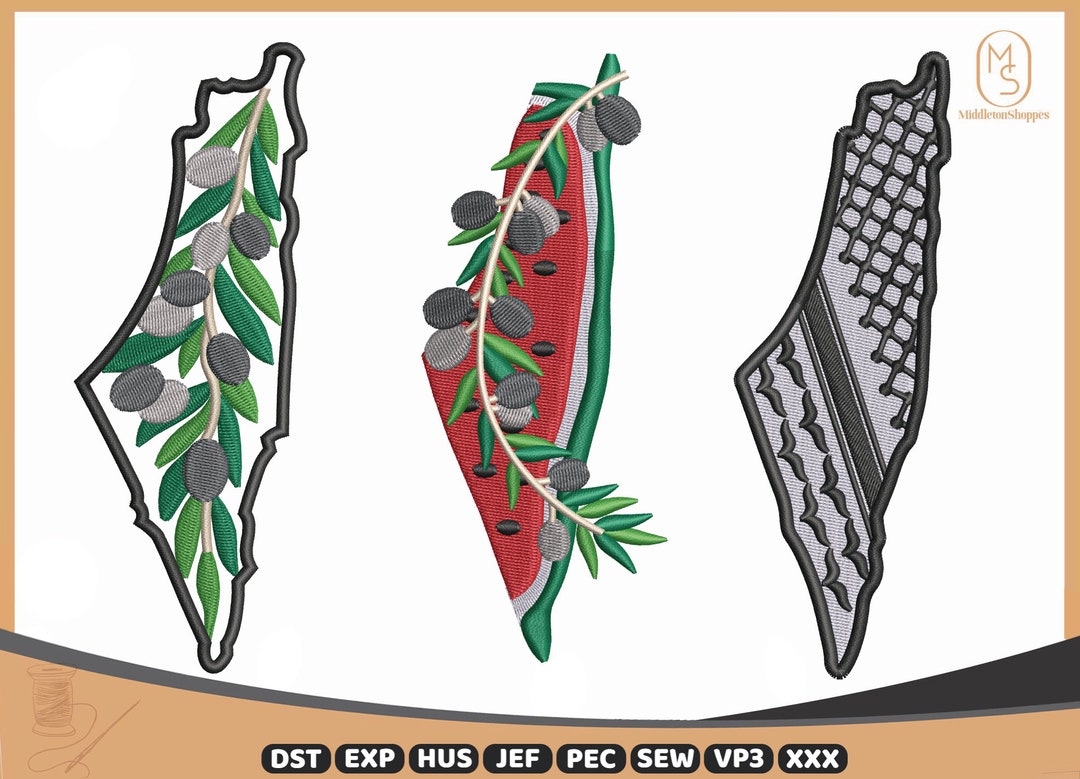 3 Palestine Maps Embroidery Design, Leaf Branches/watermelon/keffiyeh ...