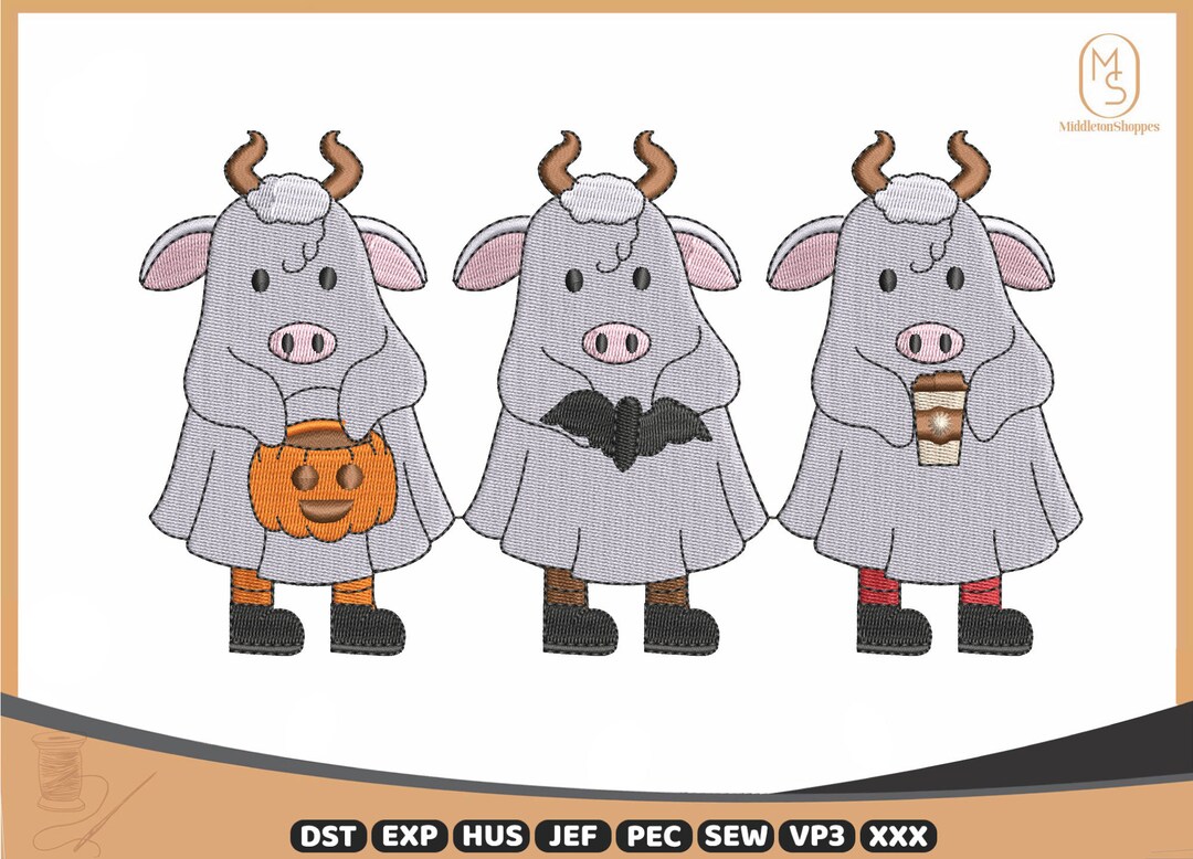 Ghost Cows Embroidered Design, Halloween Cow Ghost Machine Embroidery ...