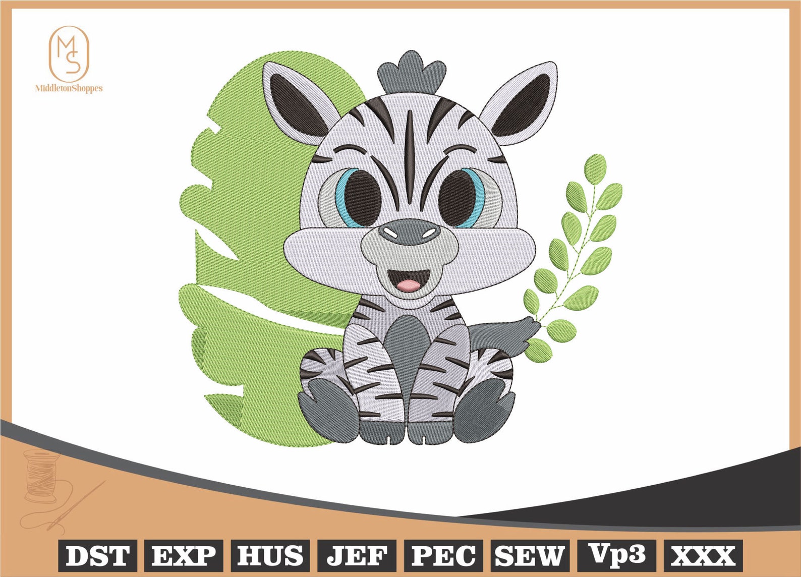 Baby Zebra Embroidery Design, Cute Zebra With Leaf Machine Embroidery ...