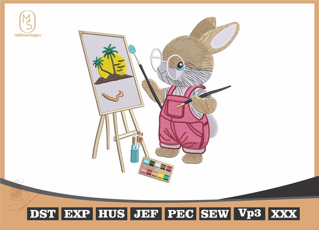 Bunny Artist Embroidery File, Cute Rabbit Machine Embroidery, Rabbit ...