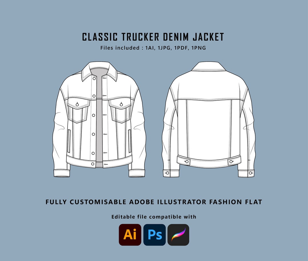 Classic Denim Trucker Jacket Flat - Technical Drawing in Adobe ...