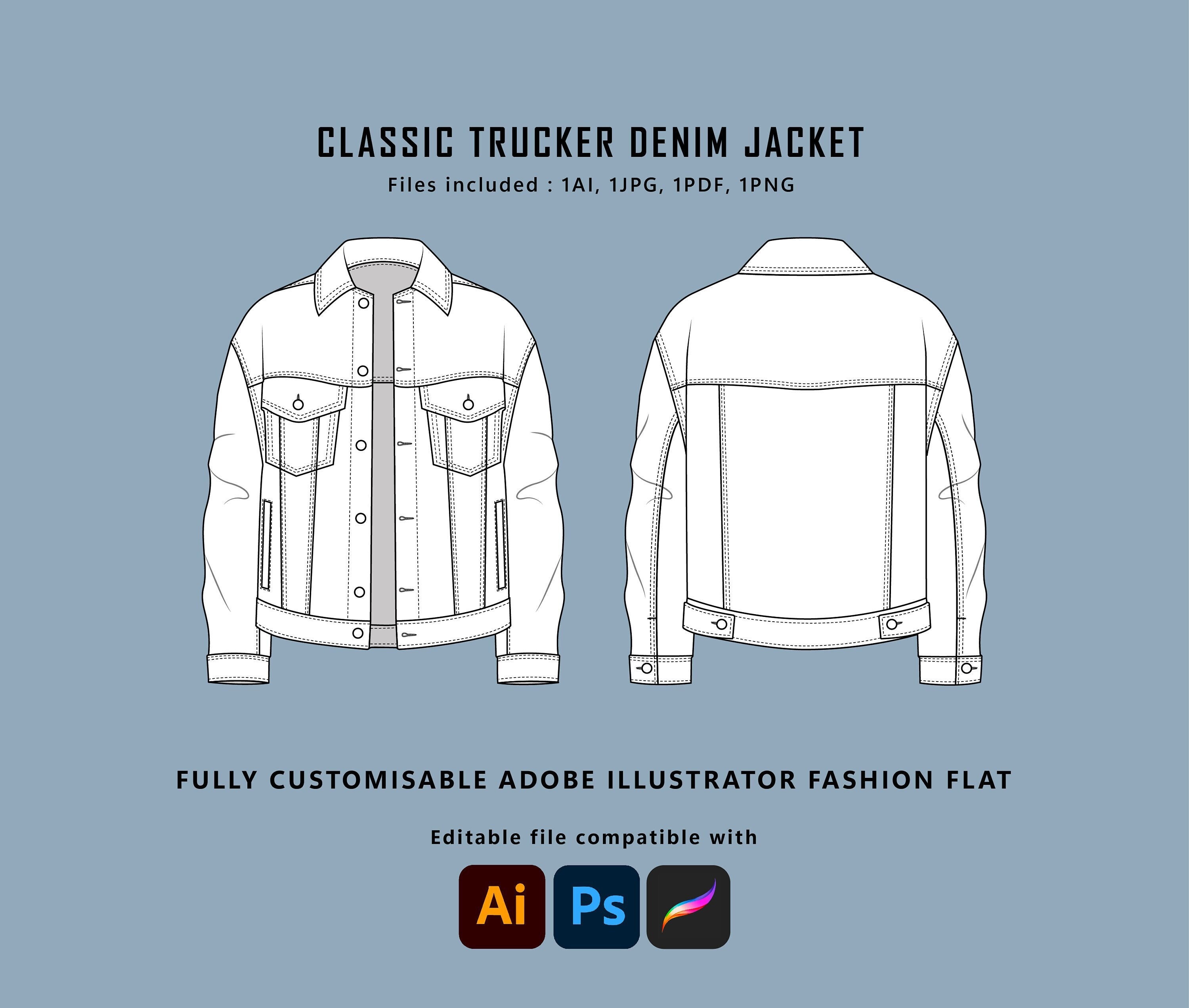 Classic Denim Trucker Jacket Flat - Technical Drawing in Adobe ...