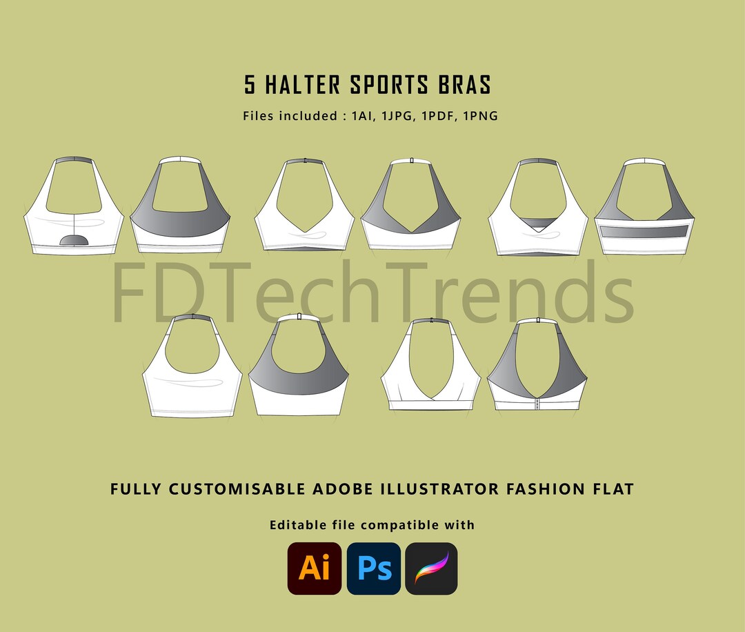 5 Women's Halter Sports Bra Flats - Technical Drawing in Adobe ...
