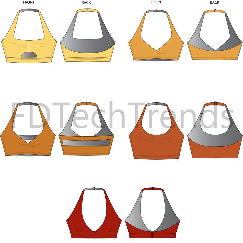 5 Women's Halter Sports Bra Flats Technical Drawing in Adobe ...