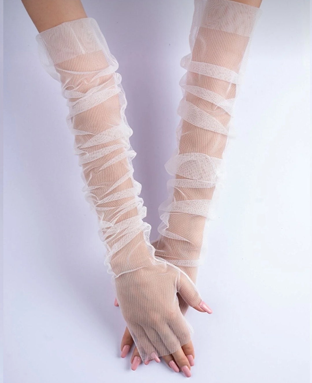 Classic Fingerless Custom Sheer Plain Tulle Gloves White Ruched Bridal ...