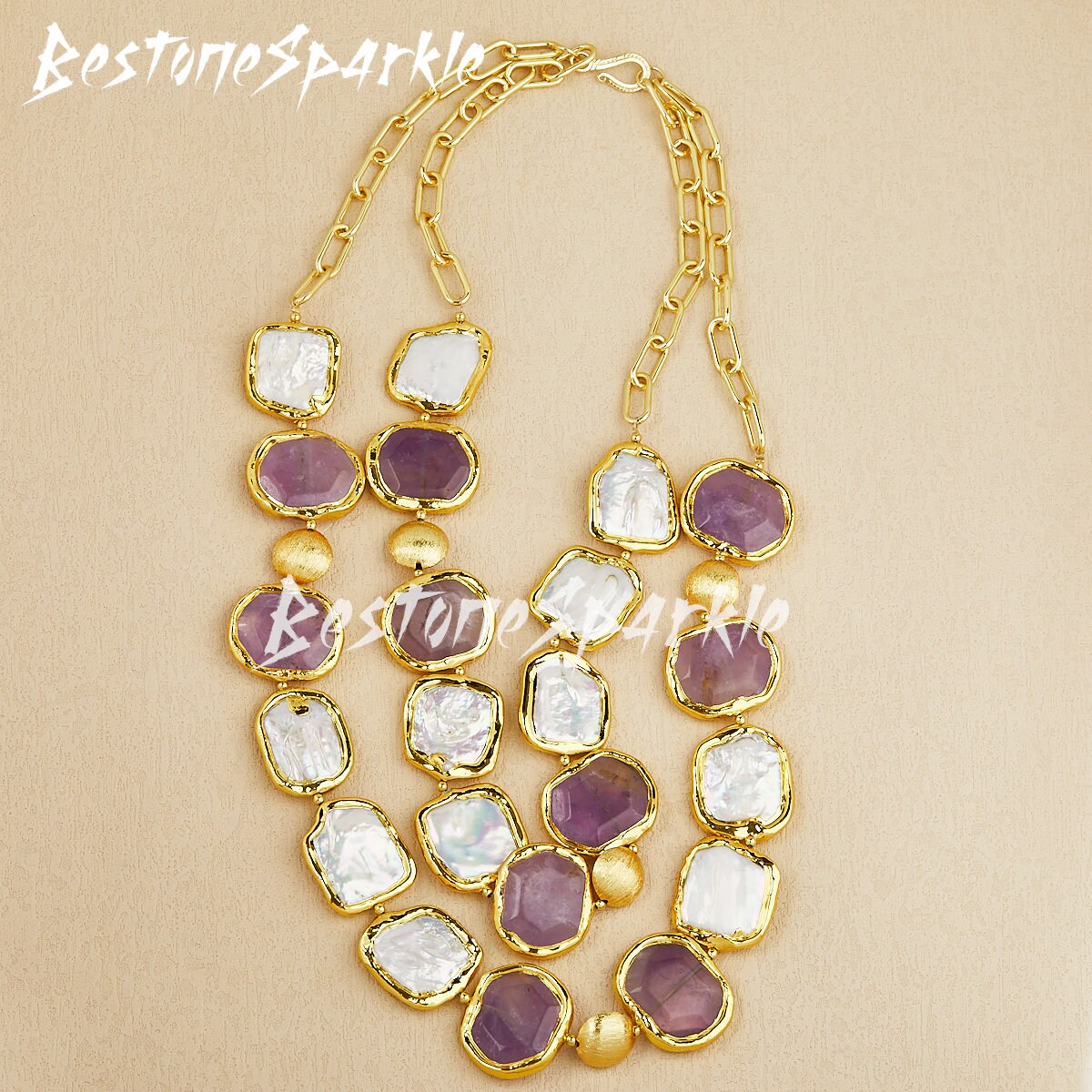 Gold Plating Amethyst Coin White Pearl Necklace, Multi Strand ...