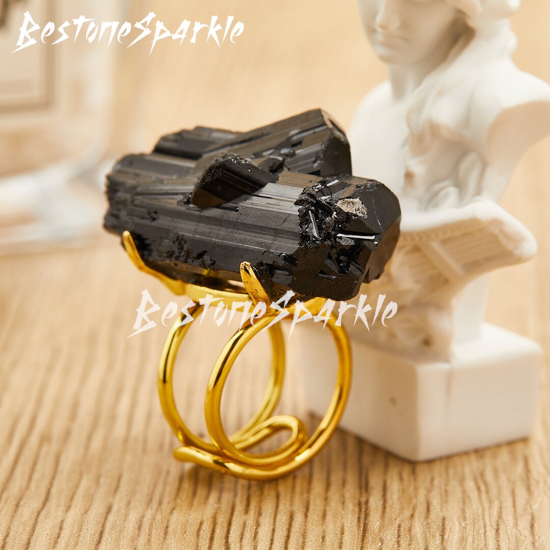 Natural Raw Black Tourmaline Statement Ring, Silver/gold Irregular Open ...