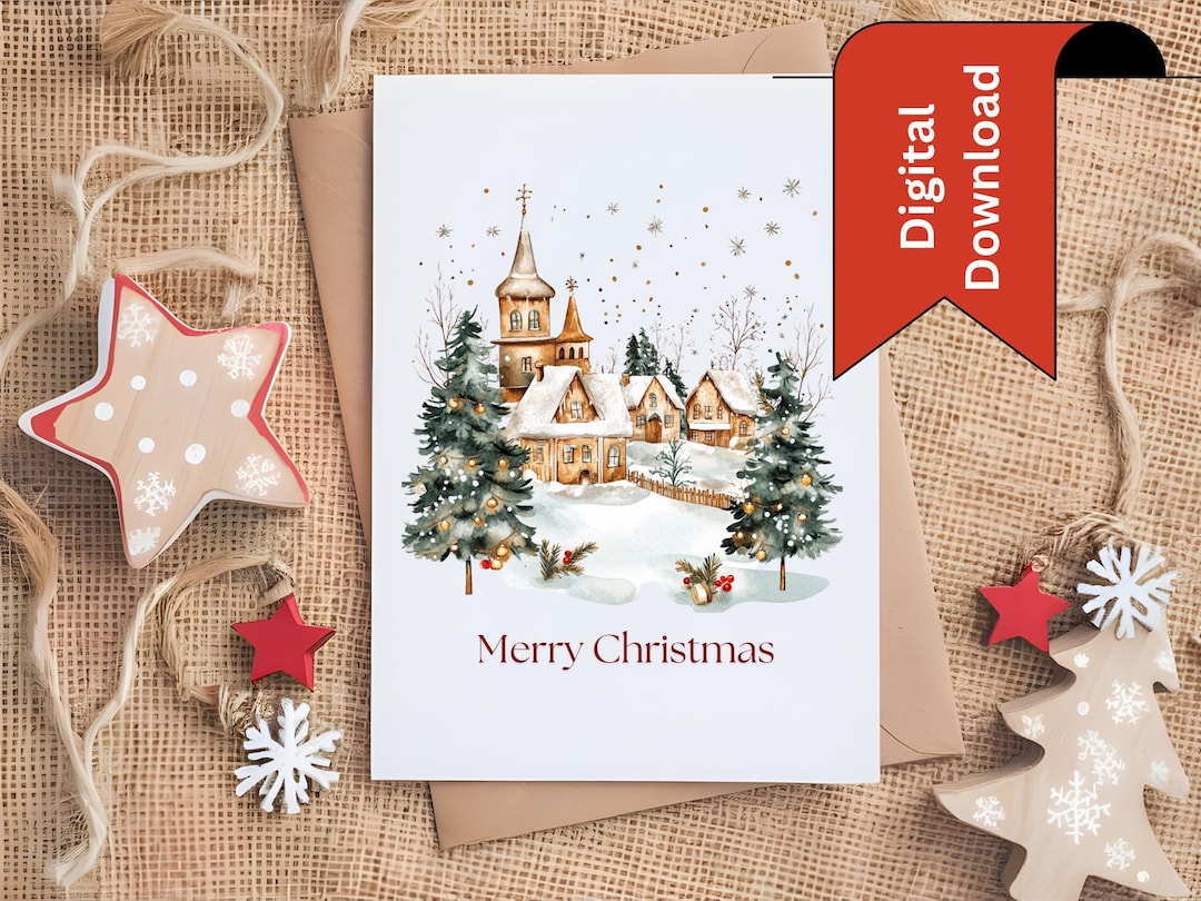 Watercolor Printable Merry Christmas Card, Digital Card, Digital ...