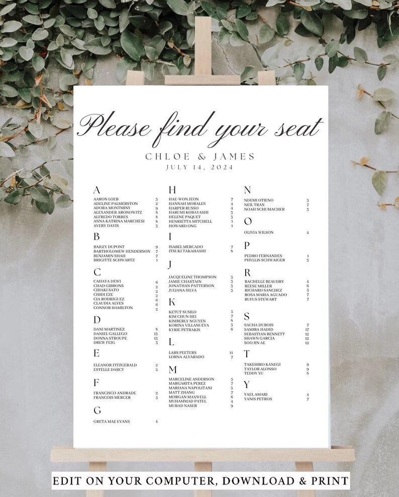 Alphabetical Seating Chart Template Wedding Guests Seating Plan ...