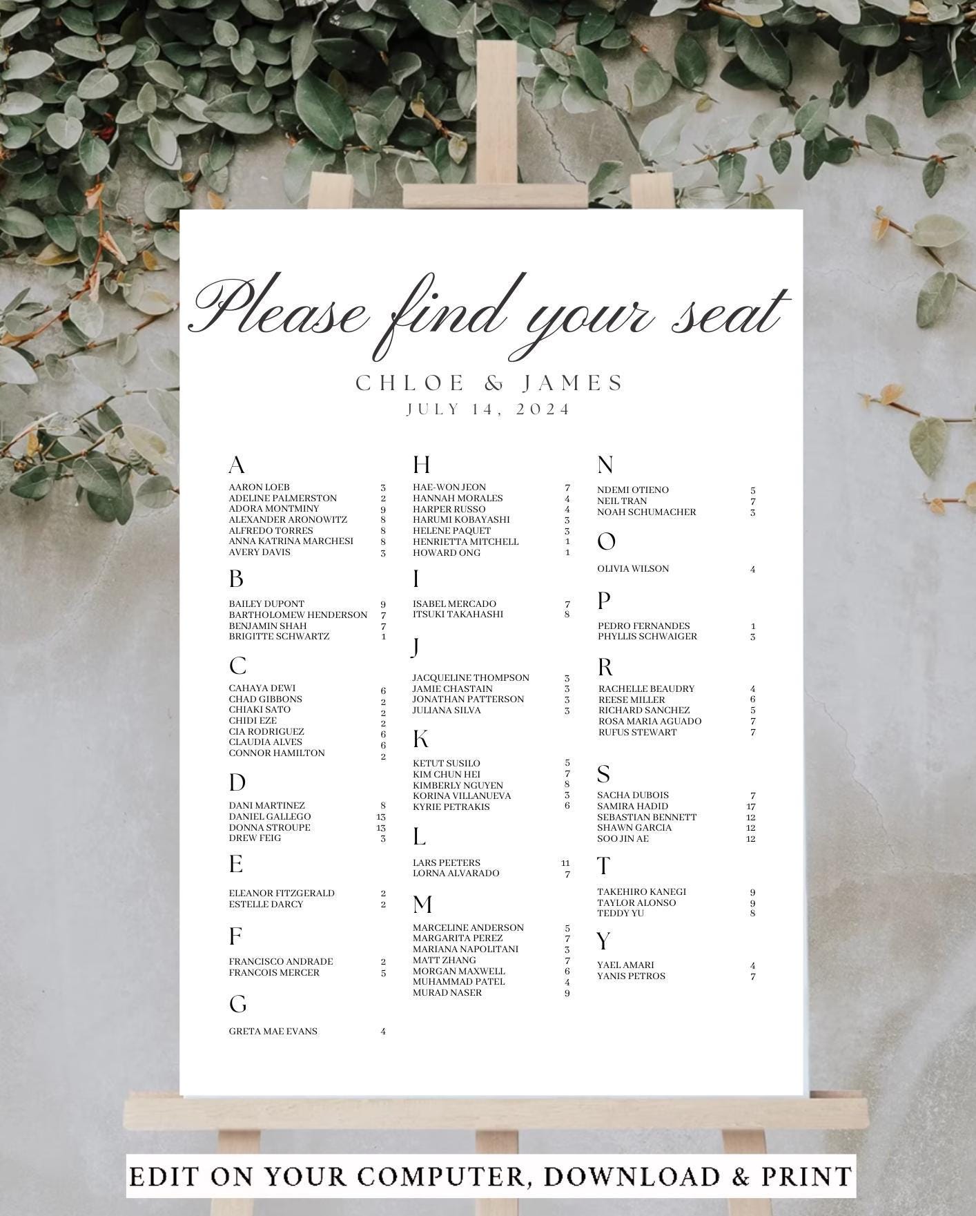 Alphabetical Seating Chart Template Wedding Guests Seating Plan ...