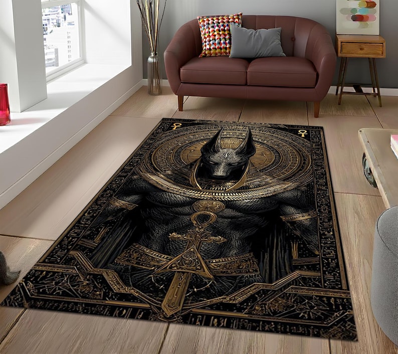 Ancient Egypt Anubis Living Room Rug, Lounge Carpet. Golden Pharaoh God ...