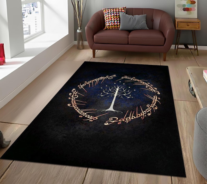Lord Rings Themed Rug, White Tree Gondor Carpet, Gold Elvish Writing ...