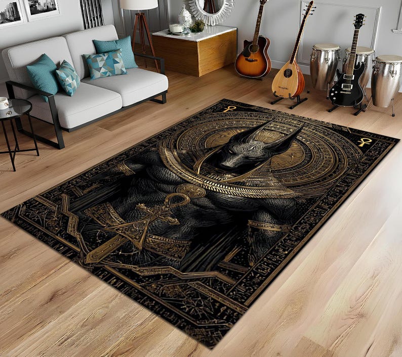 Ancient Egypt Anubis Living Room Rug, Lounge Carpet. Golden Pharaoh God ...