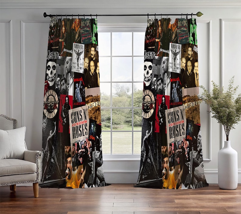 Rock Music Legends Window Treatment, Heavy Metal Band Collage Drapes ...