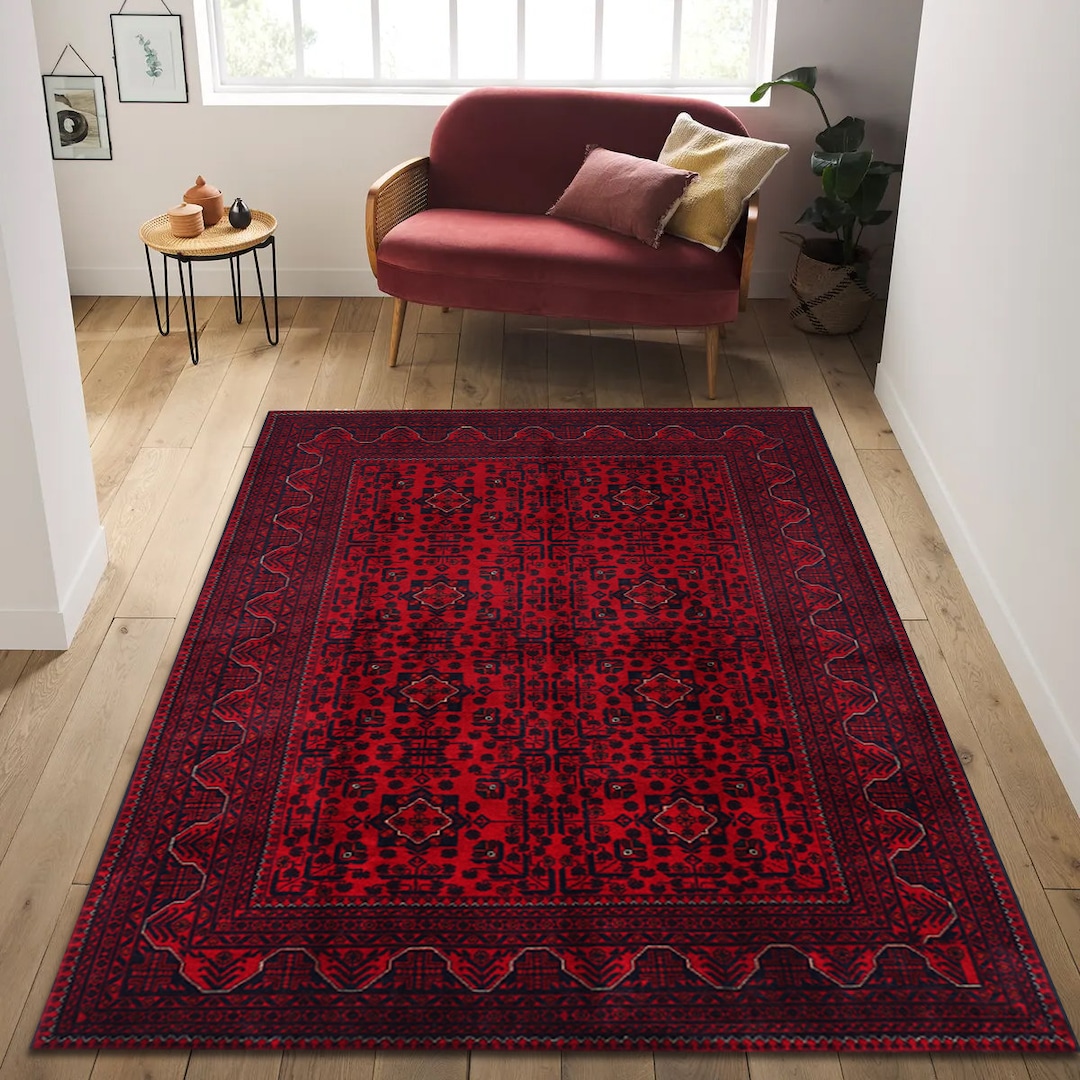 Red Afghan Design Area Rug, Traditional Oriental Home Decor Carpet ...