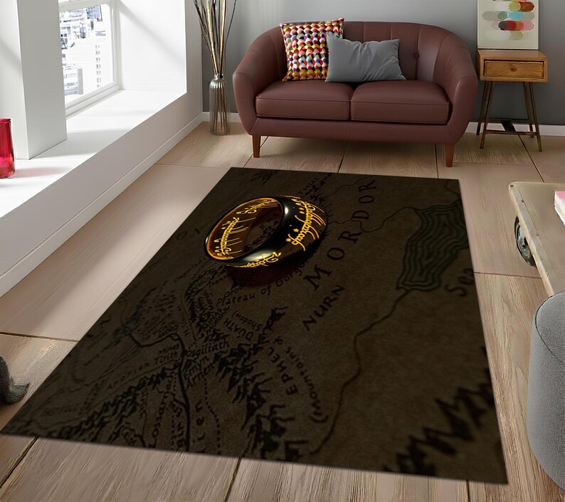 Lord Rings Rug, One Ring Mordor Map Carpet, Golden Elvish Writing Area ...