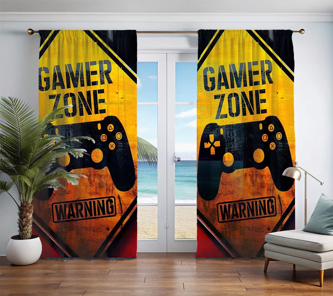 Gamer Zone Curtain, Gamer Room Drapes, Teen Room Curtain, Warning Sign ...