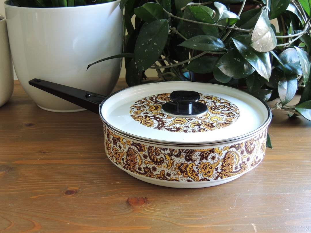 Vintage Aubeco France Enamel on Steel Brown/yellow Retro Flowers Pan ...