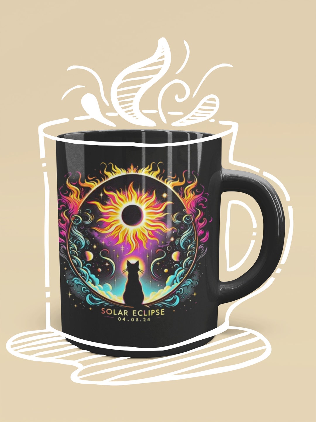 Total Solar Eclipse Mug, Twice in A Lifetime 4.08.24, Cottagecore Cat ...