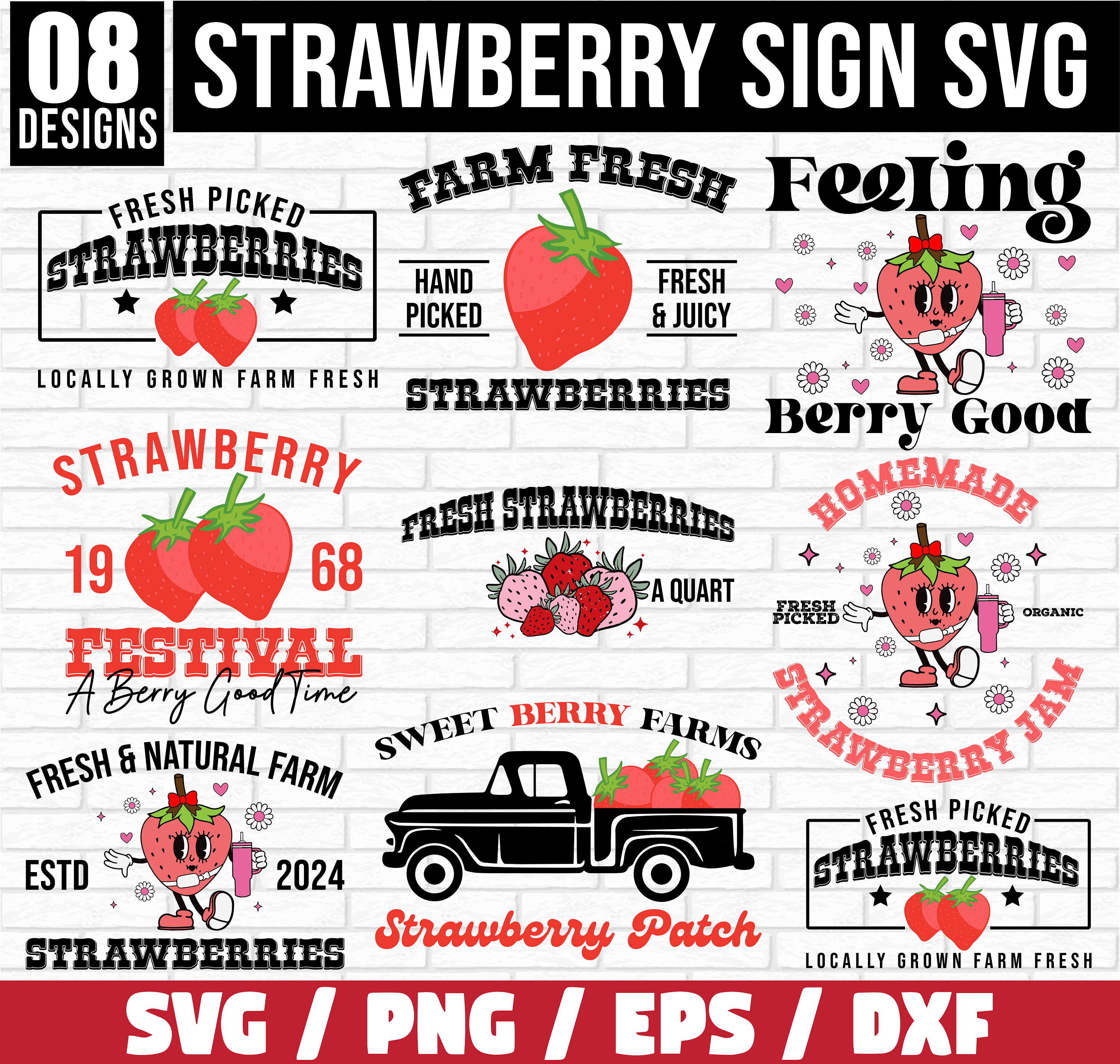 Farmhouse Strawberry Sign Svg Bundle, Strawberry Patch Svg, Farmhouse ...