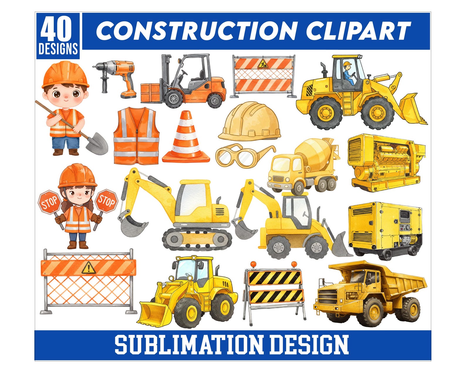 Construction Clipart Bundle, Construction Vehicles, Watercolor, Dump ...