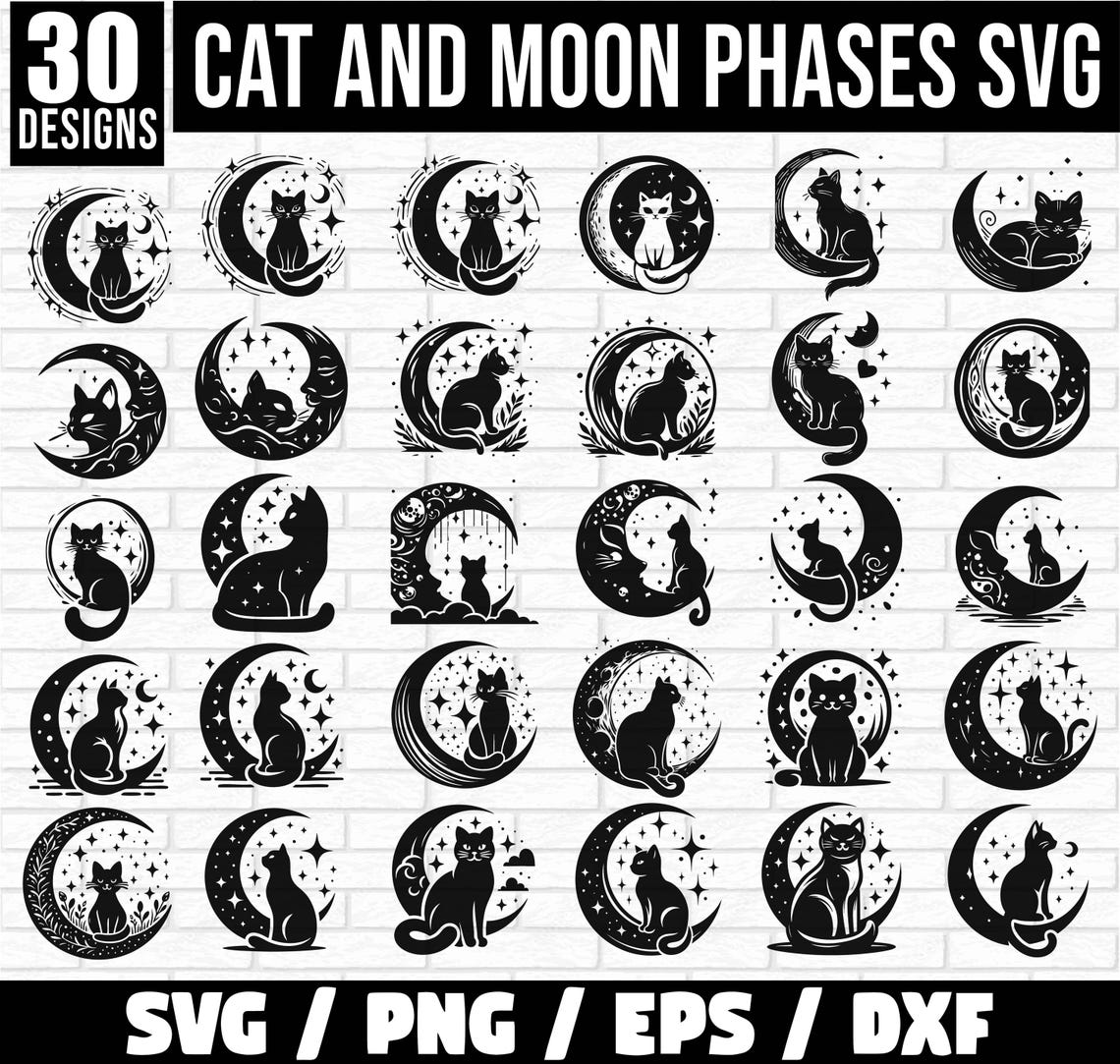 Cat and Moon Phases SVG Bundle, Cat Silhouette Svg, Cat Moon Svg, Cat ...