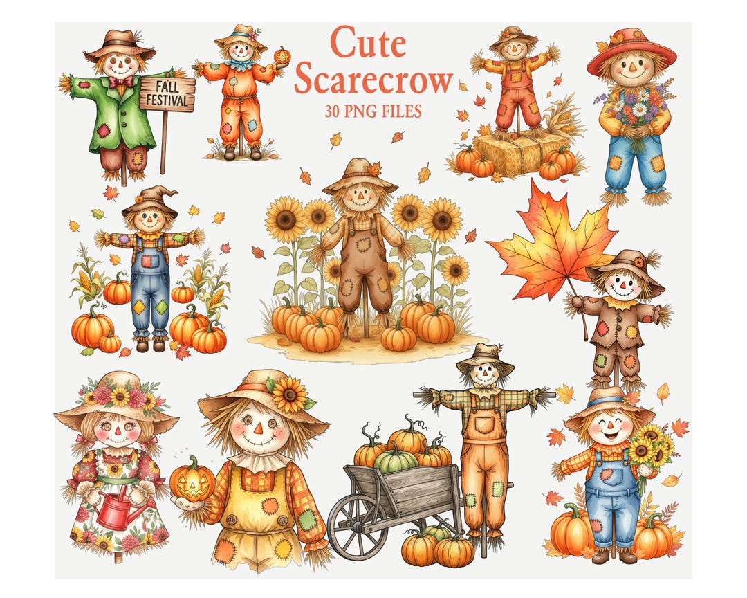 Cute Scarecrow Clipart Bundle, Scarecrow Png, Cute Fall Clipart ...