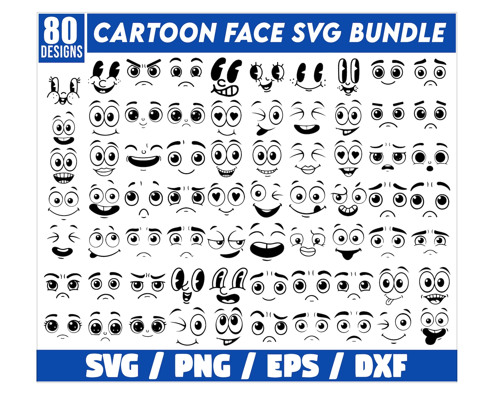 Cartoon Faces Svg, Cartoon Emotion Faces SVG Bundle, Cartoon Face ...