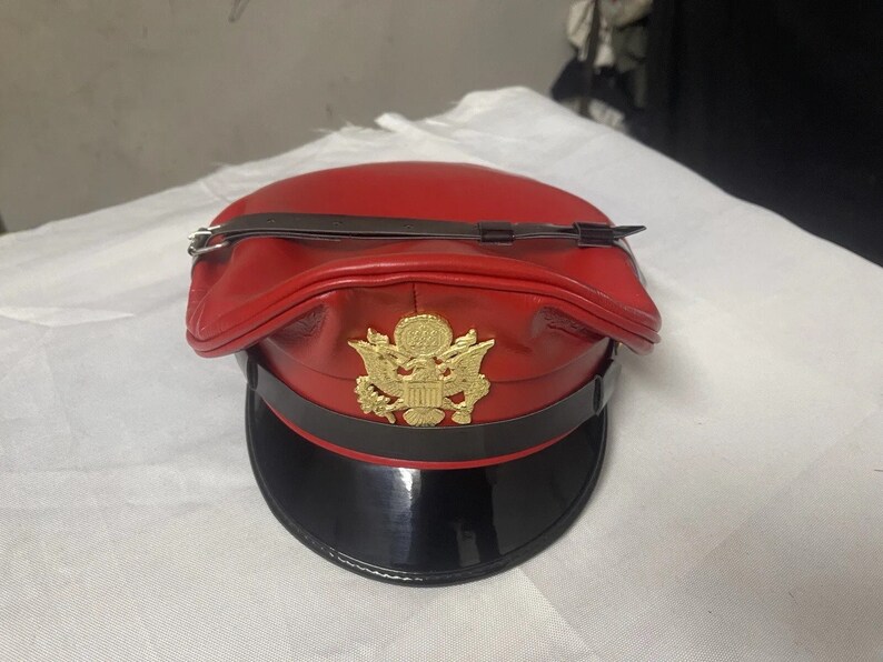 Genuine Leather Red Army Muir Biker Peaked Police BLUF Cap Hat Vintage ...