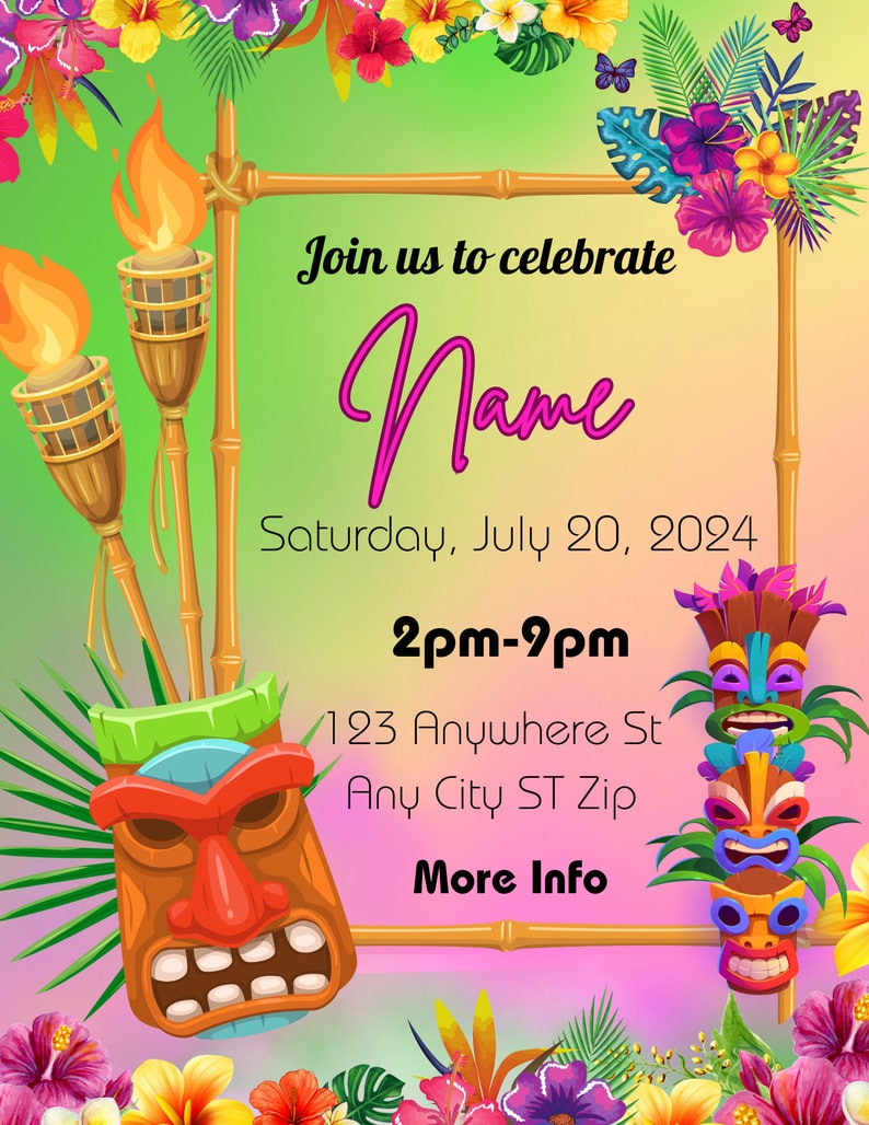 Hawaii, Luau, Tiki Party Invitation - Instant Editable Canva Download ...