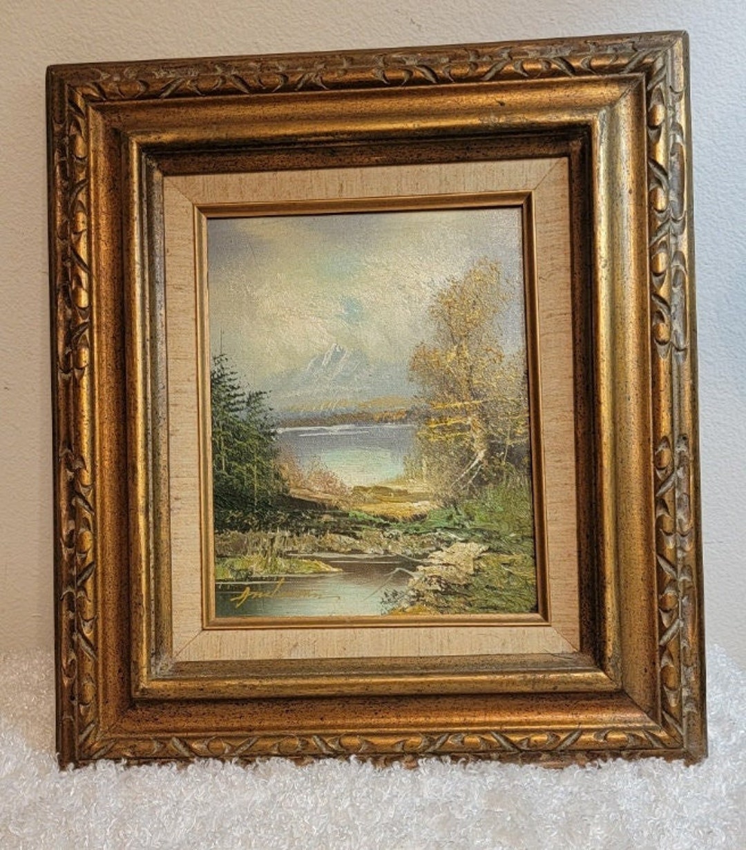 Vtg Mountain Lake Scene Artist Signed Oil Canvas in Anco Bilt Frame ...