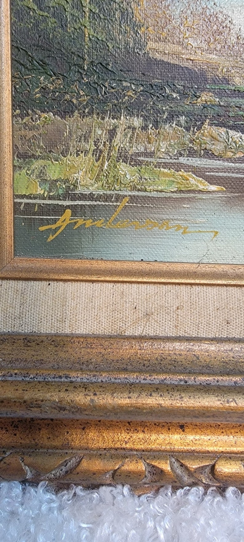 Vtg Mountain Lake Scene Artist Signed Oil Canvas in Anco Bilt Frame ...