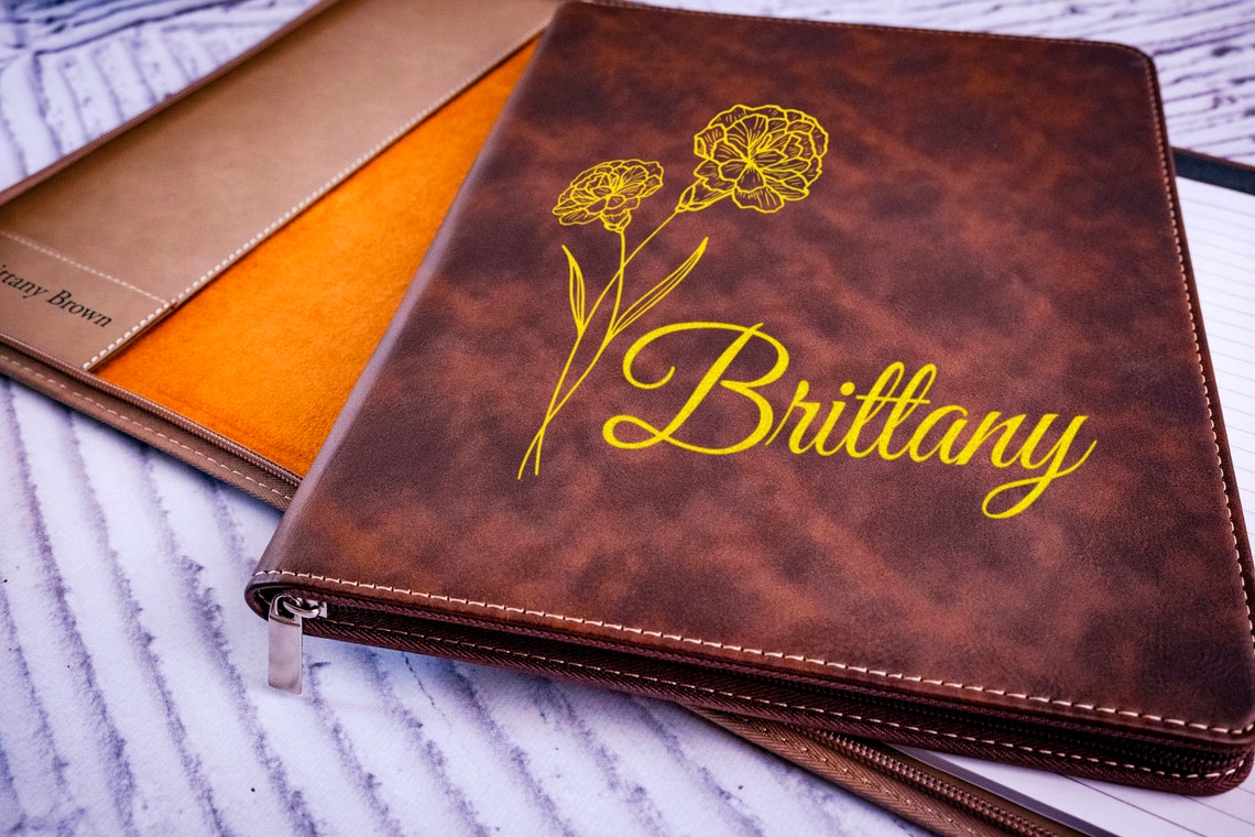 Birth Flower Leather Portfolio With Zipper, Birth Month Flower, Mom ...