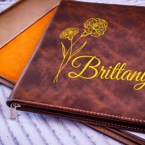 Birth Flower Leather Portfolio With Zipper, Birth Month Flower, Mom ...