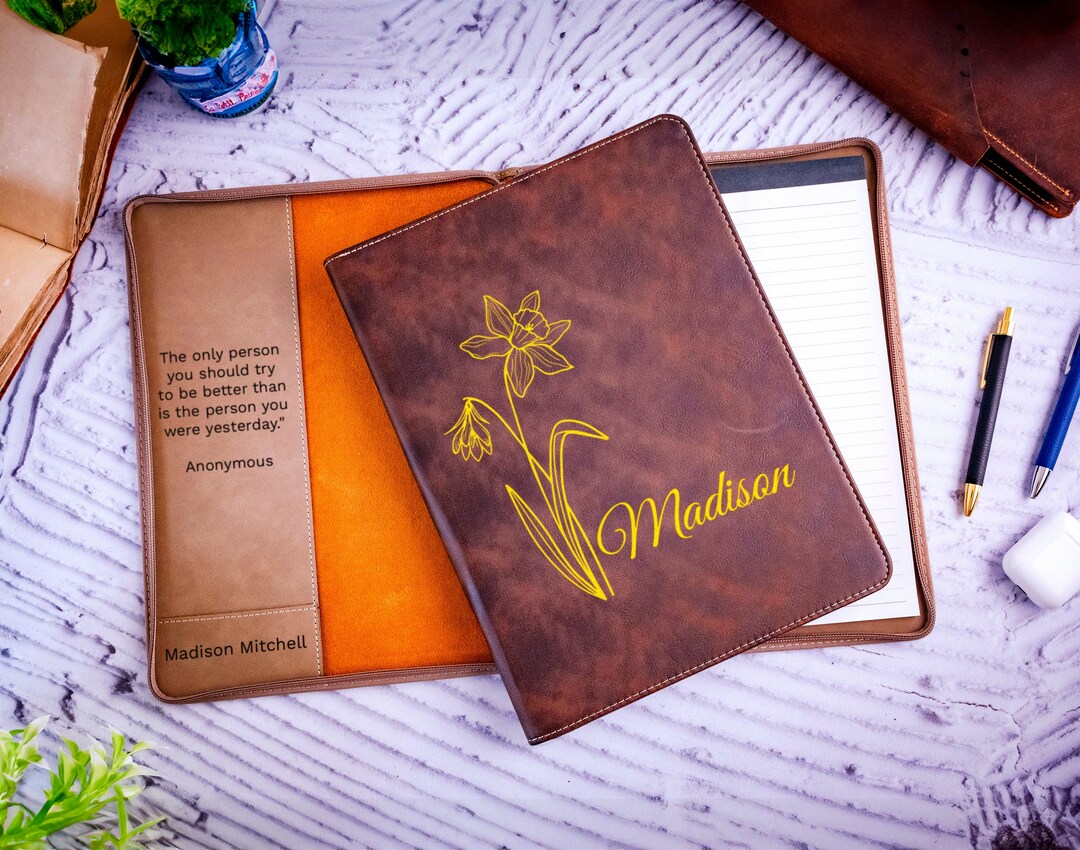 Birth Flower Leather Portfolio With Zipper, Birth Month Flower, Mom ...