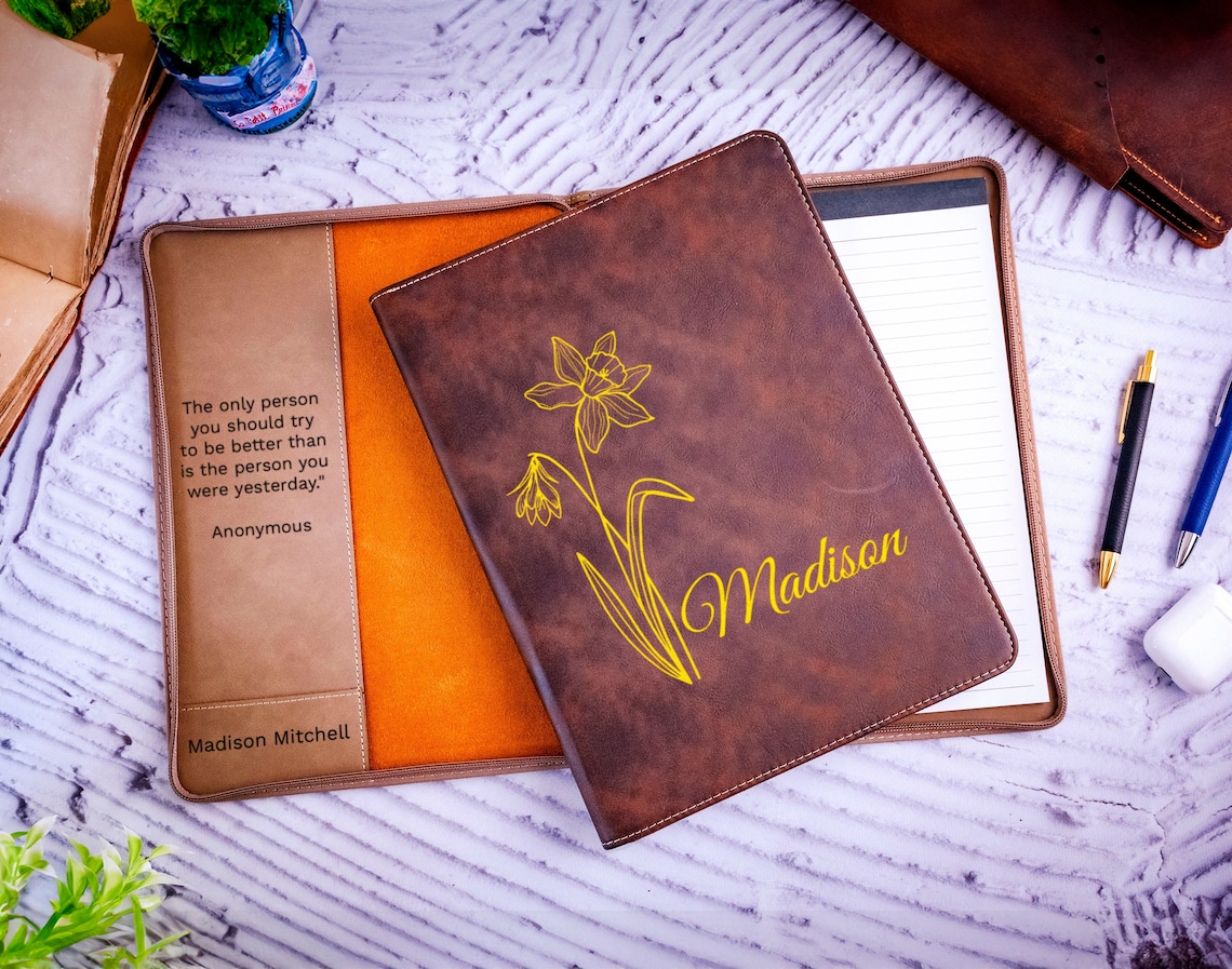 Birth Flower Leather Portfolio With Zipper, Birth Month Flower, Mom ...