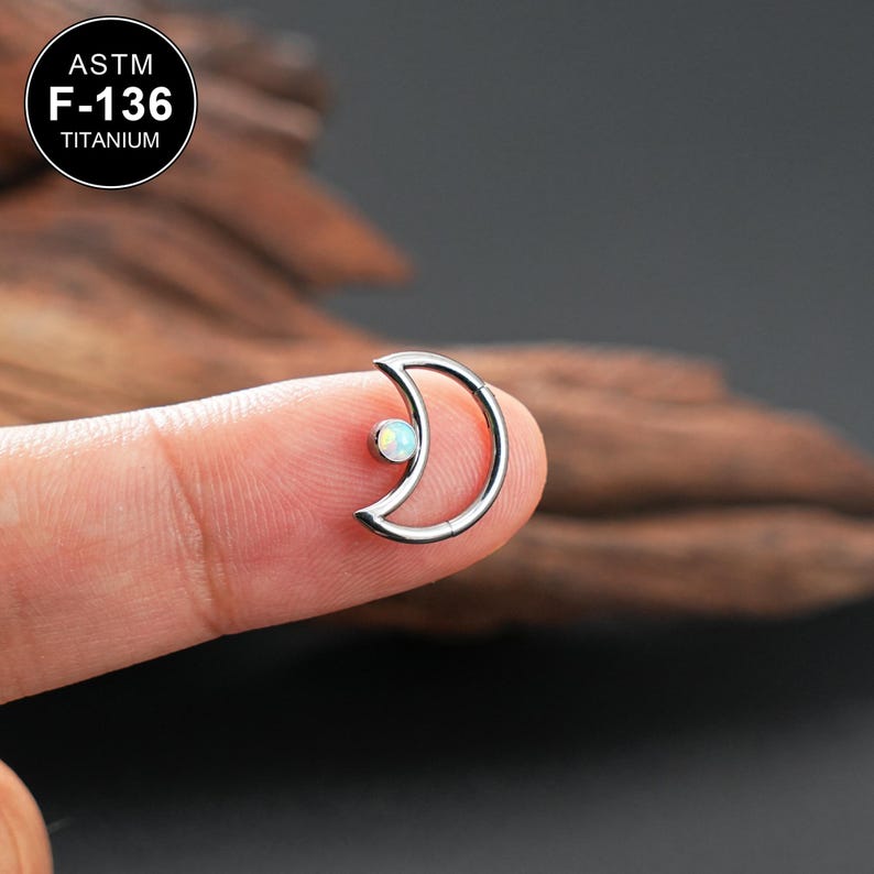 16G TITANIUM Moon Shape Opal/cz Daith Earring/cartilage Earring/rook ...