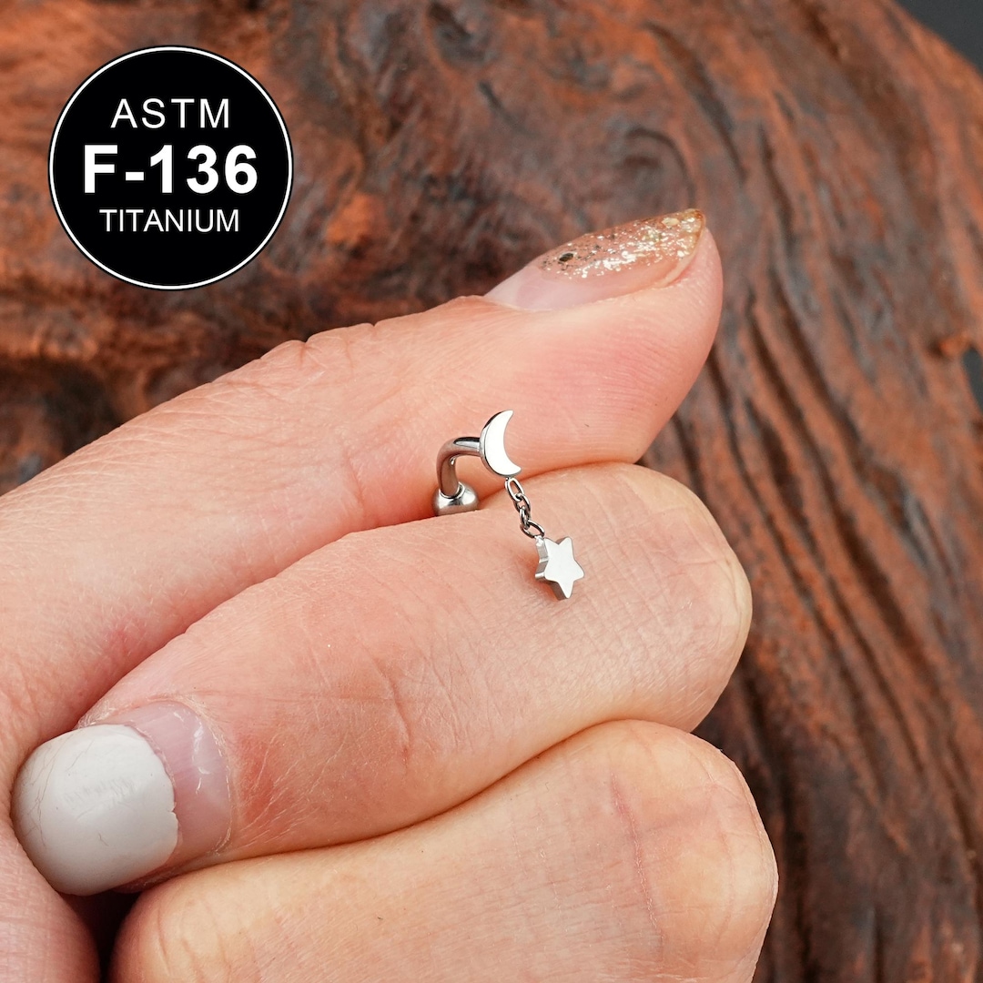 16G TITANIUM Moon&star Dangle Curved Barbell/nternally Threaded/rook ...
