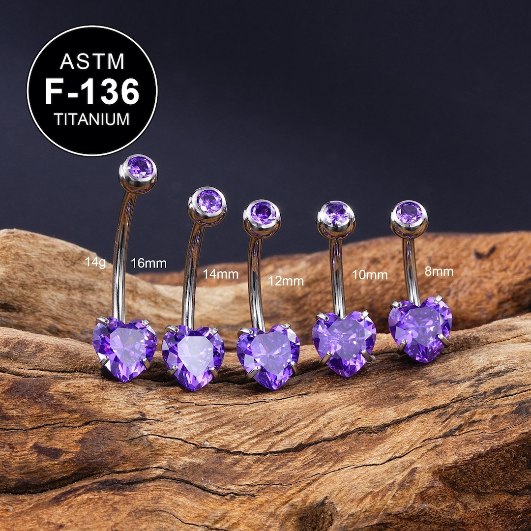 14G Titanium Heart Purple CZ Belly Rings/curved Barbell/internally ...