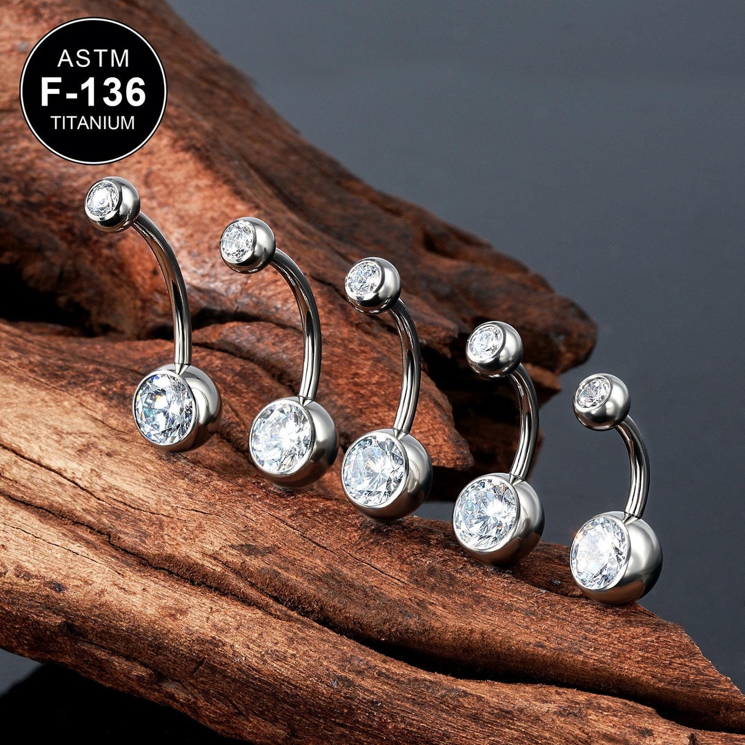 14G Titanium Bezel CZ Belly Rings/curved Barbell/internally Threaded ...