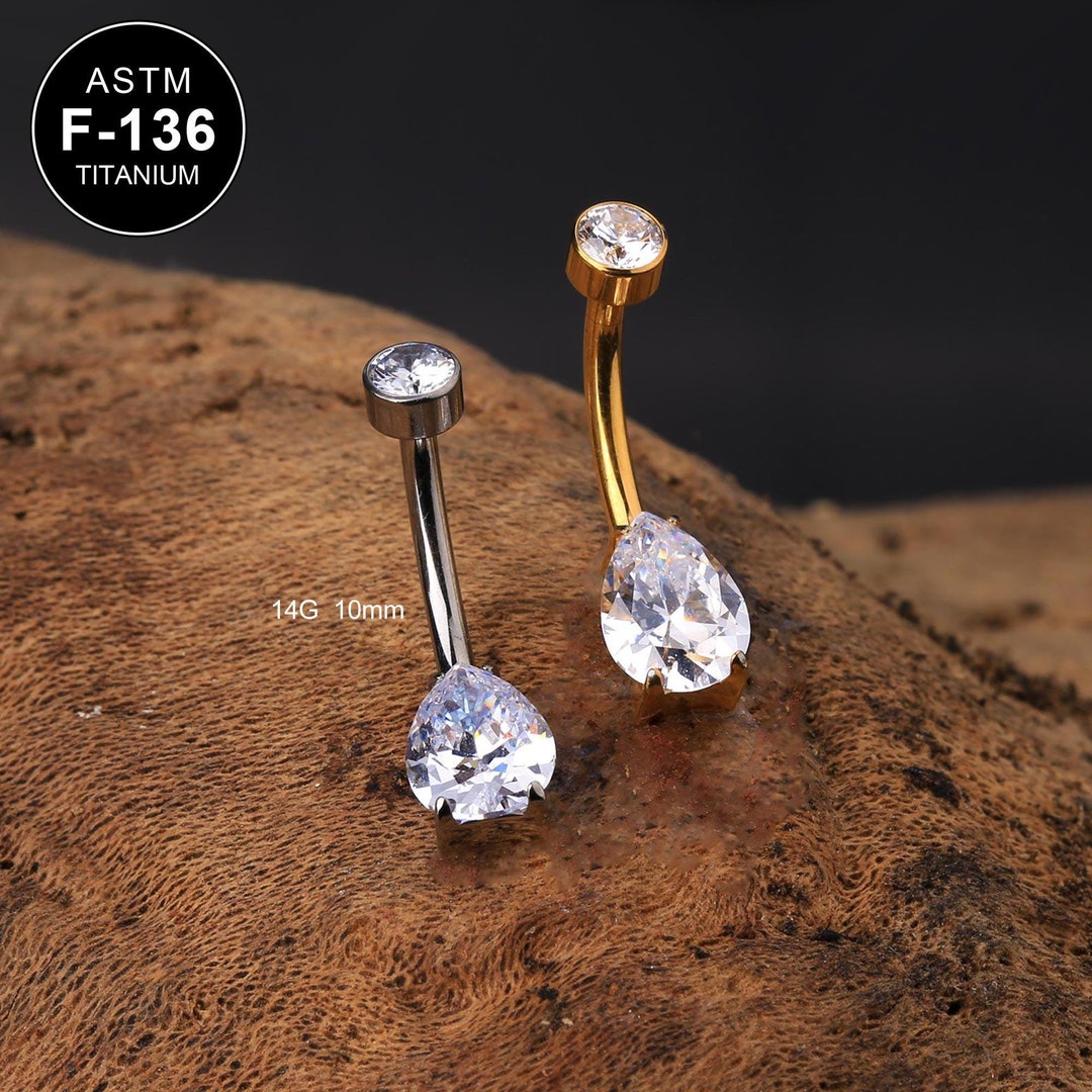 14G Titanium Teardrop CZ Belly Ring/curved Barbell/belly Ring/belly ...
