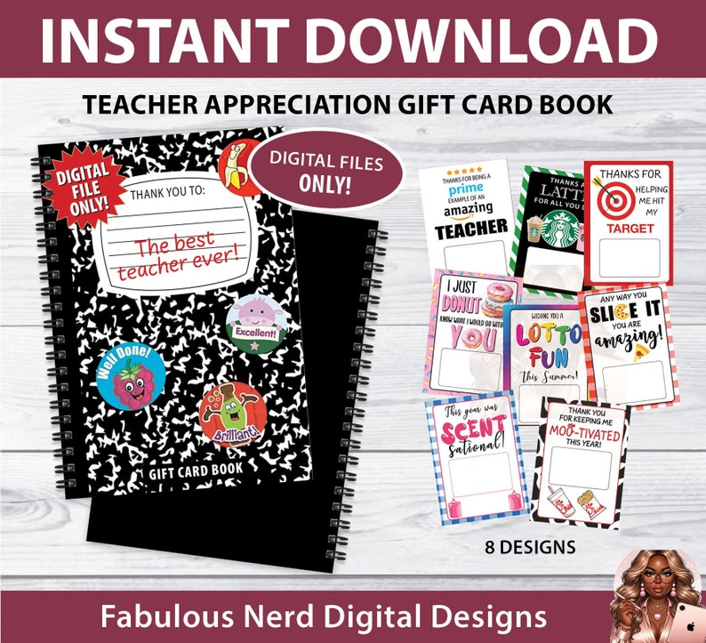 Printable Teacher's Appreciation Gift Card Book/bundle PDF/PNG/JPG - Etsy