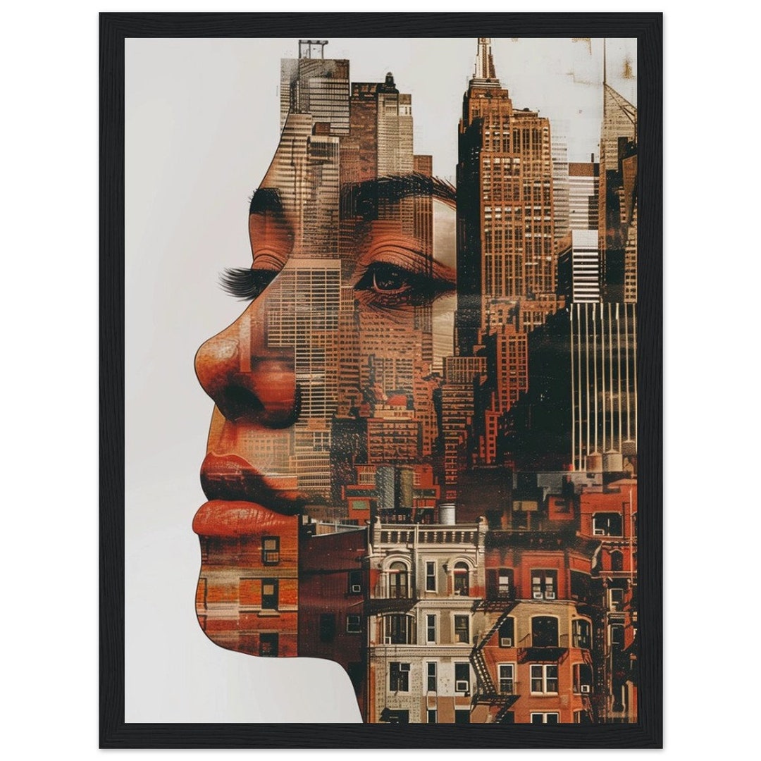 Wooden Frame Poster. Human Face Shaped by Buildings, Vintage, Creative ...
