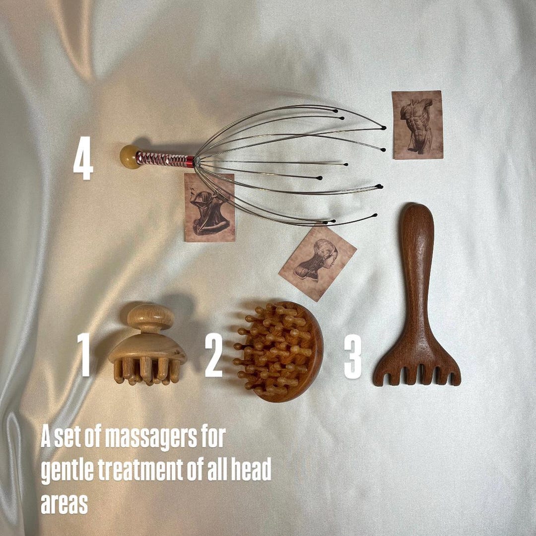 Head and Neck Massage Tool Set, 4 Piece Wooden Massagers for Scalp ...