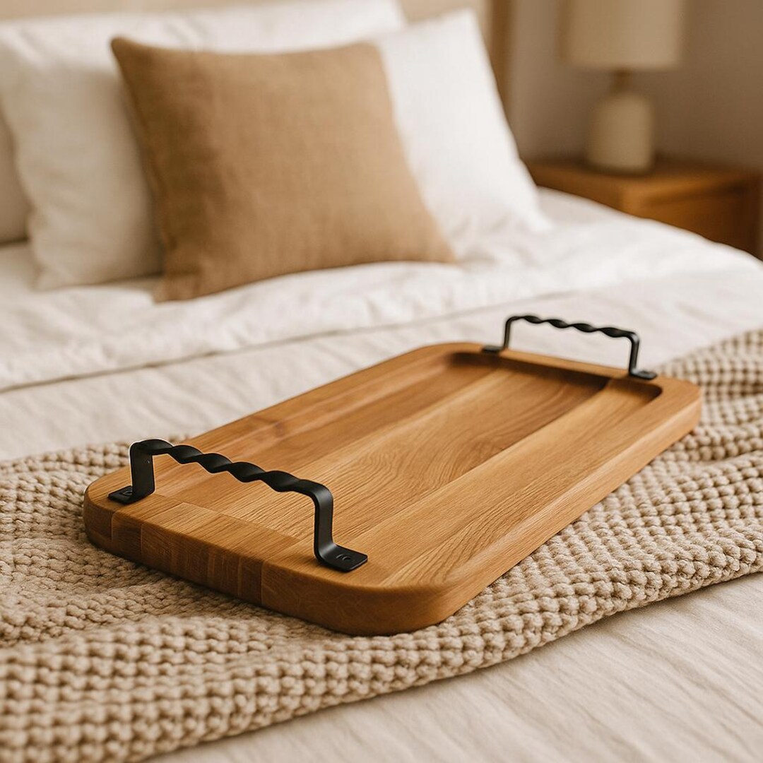 Wooden Breakfast Tray, Oak Serving Tray With Handles, Rustic Food Tray ...