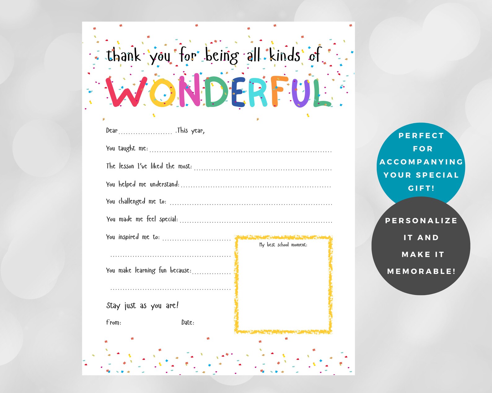 Teacher Appreciation Week Printable Teacher Appreciation Gift Thank You ...