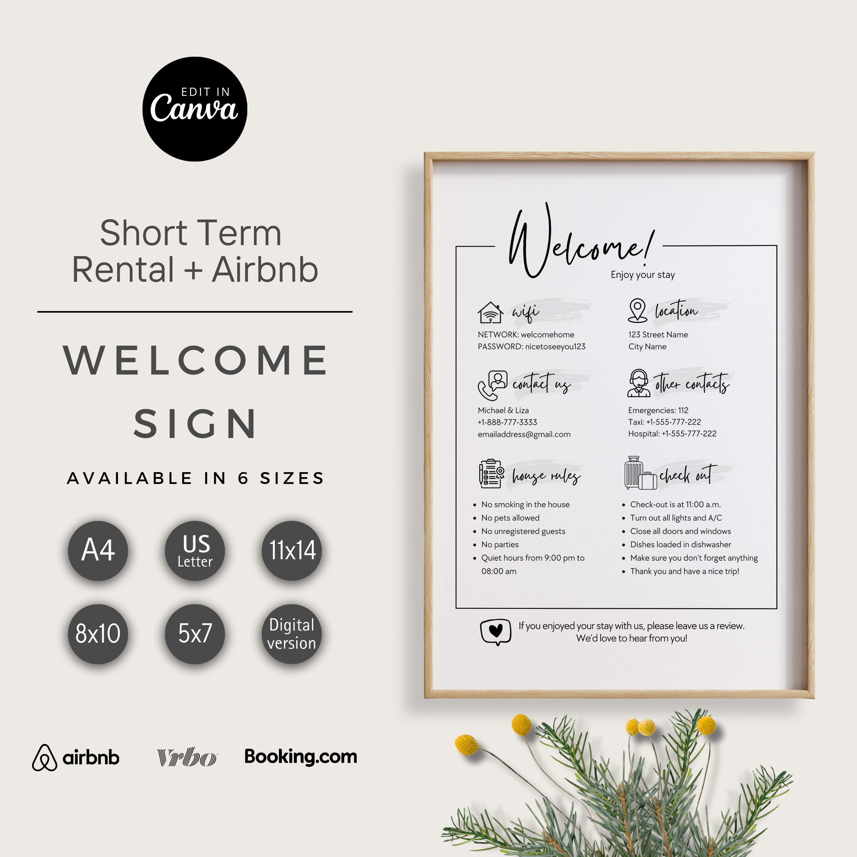 Editable Welcome Sign for Airbnb Hosts, Printable Airbnb Welcome Sign ...